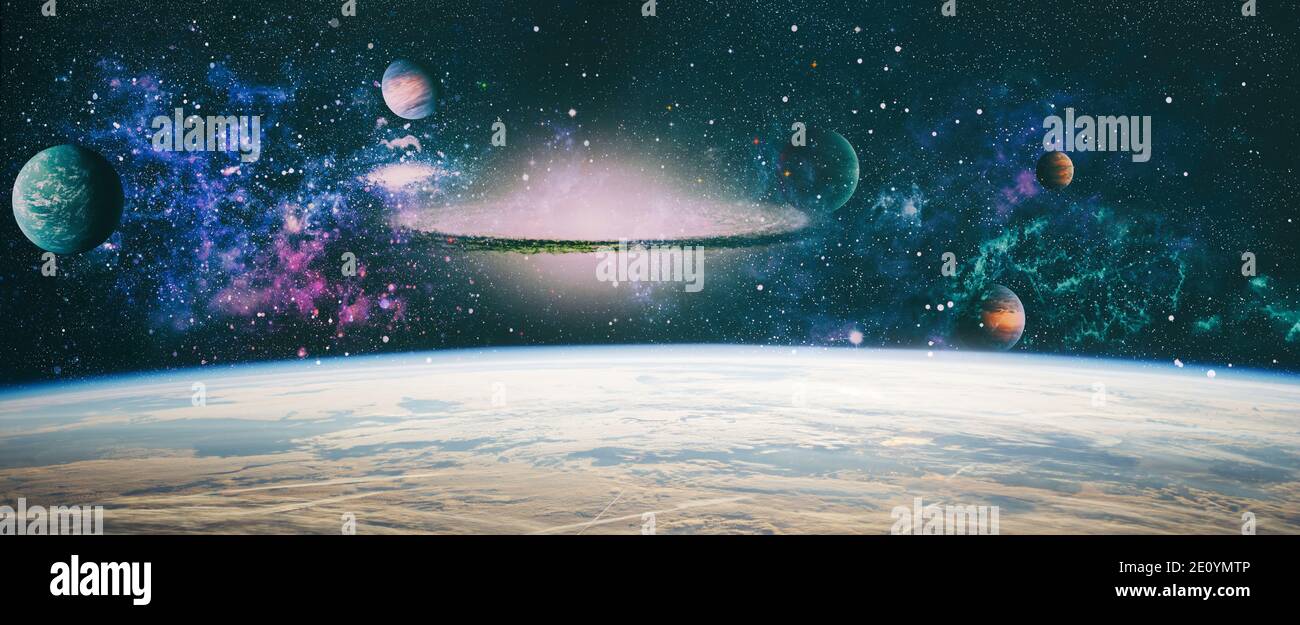 Chaotic space background. Planets, stars and galaxies in outer space ...