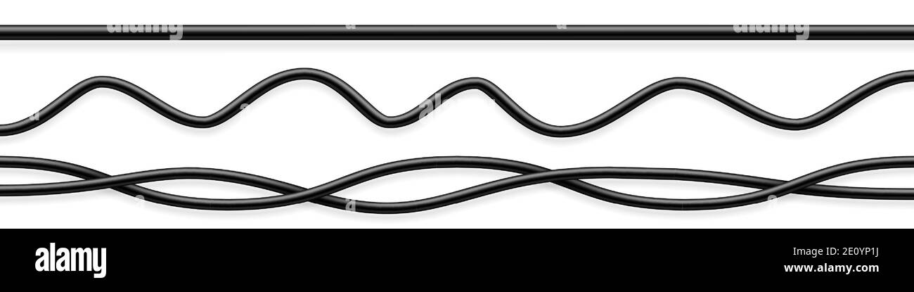 Set of black flexible cables with shadow. Electrical wire. Realistic ...
