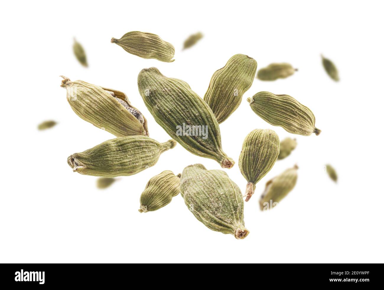 Cardamom pods levitate on a white background Stock Photo - Alamy