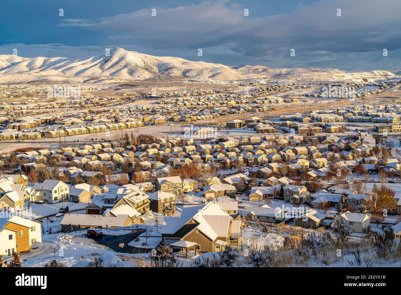 Sunlit valley town aerial panorama hi-res stock photography and images ...