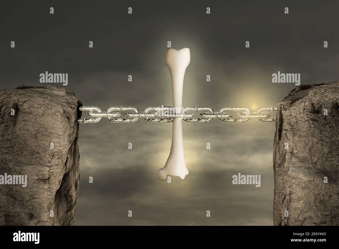 Two mountains connected with a chain by human thigh bone in sunset day ...
