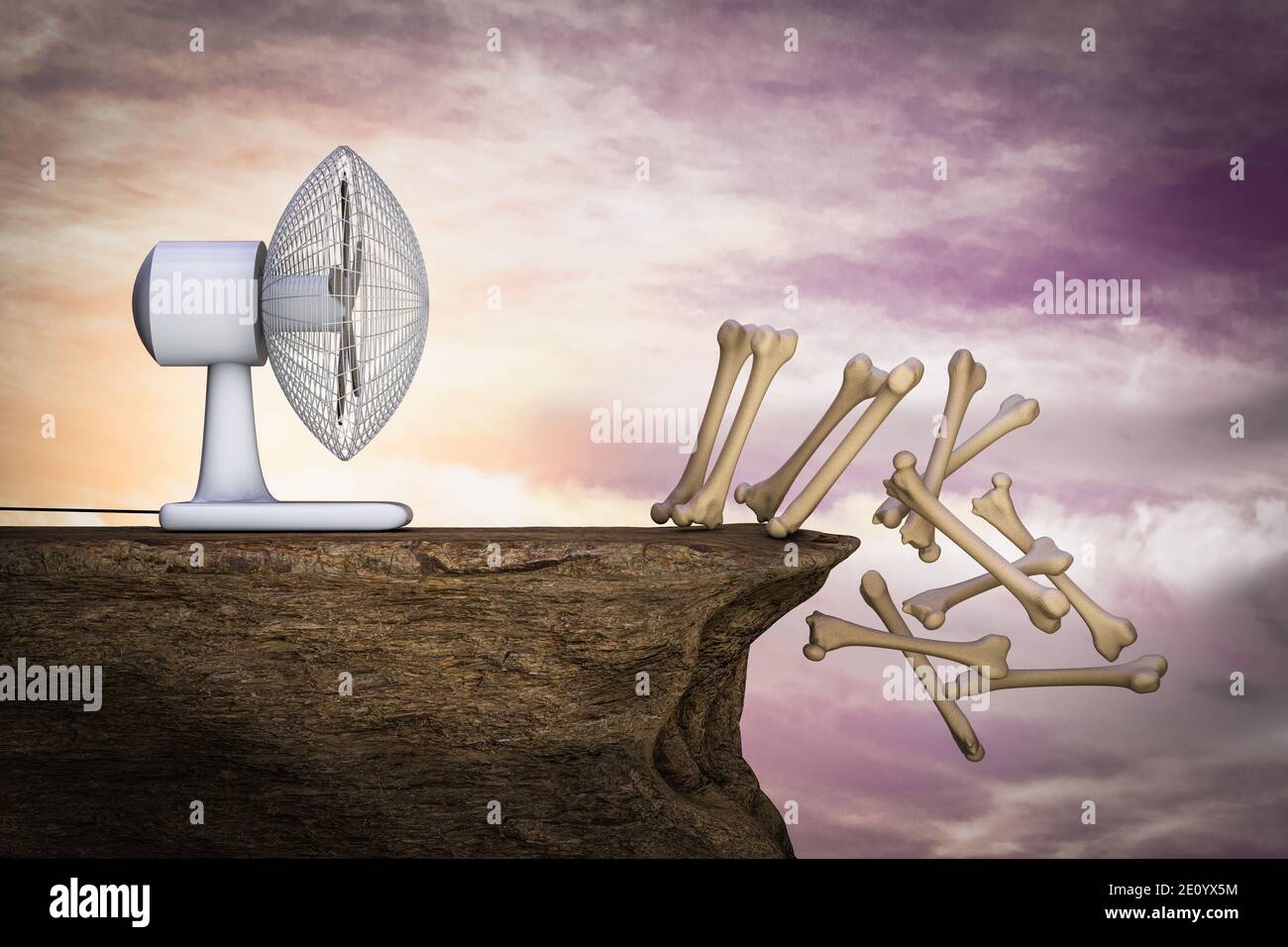 A fan blows many human thigh bones on cliff at sunset magenta day ...