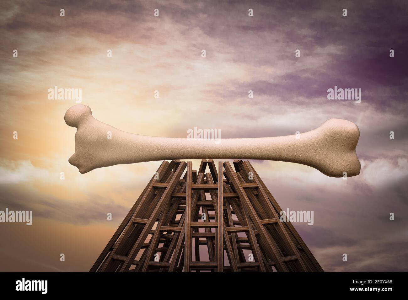 Human thigh bone on top of many ladders together as pyramid. Strong ...