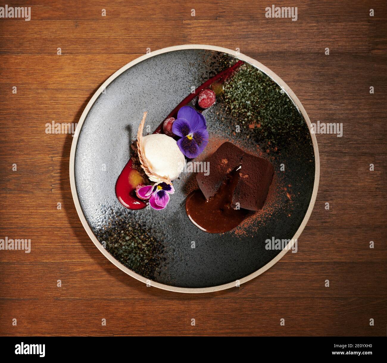 Sweet healthy pastry theme. Ice cream and brownie above top view on ...