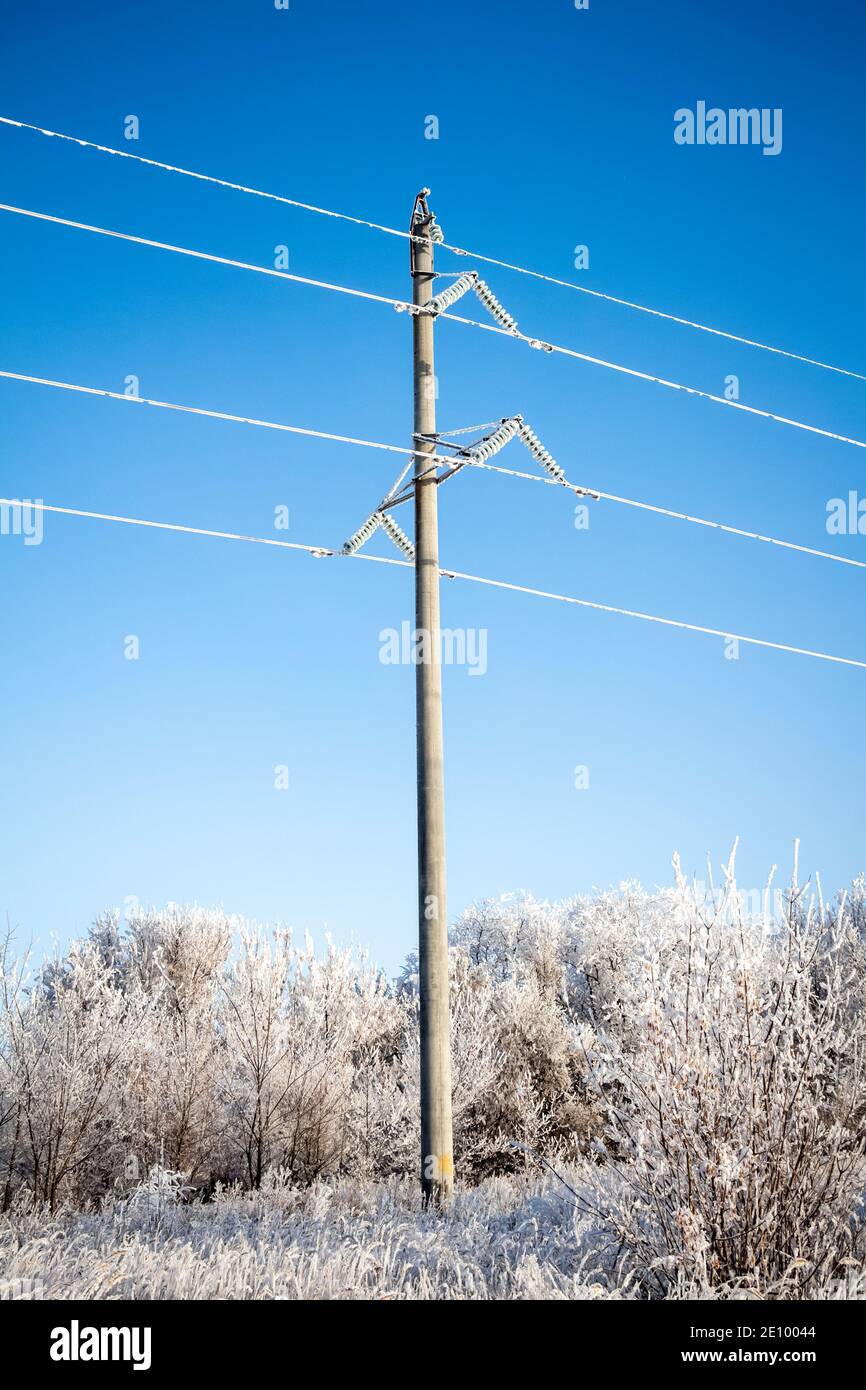 High-voltage wires and poles are covered with frost on a frosty winter ...