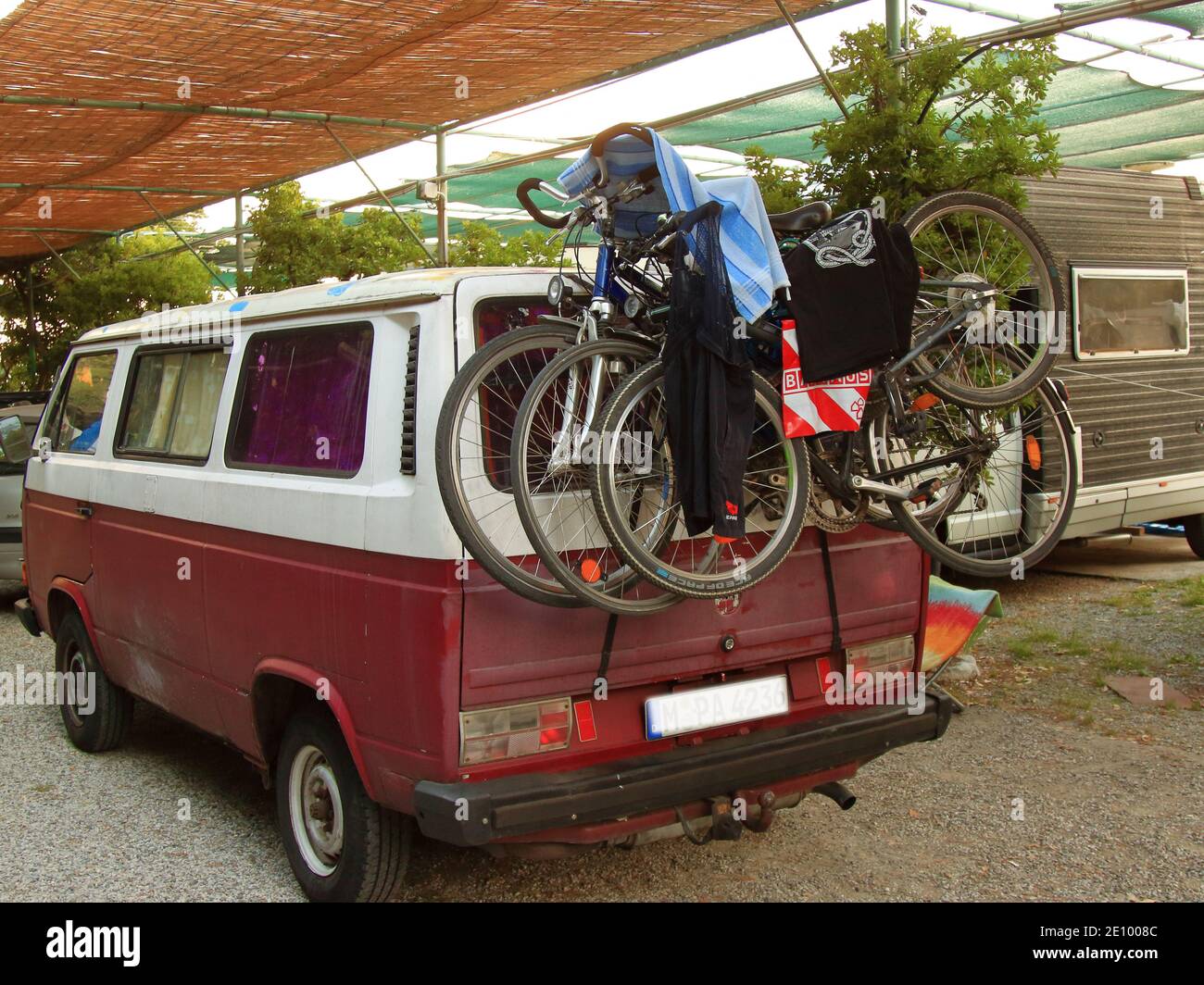 Moneglia, Italy - summer2020: vintage two-tone minivan parked in a ...