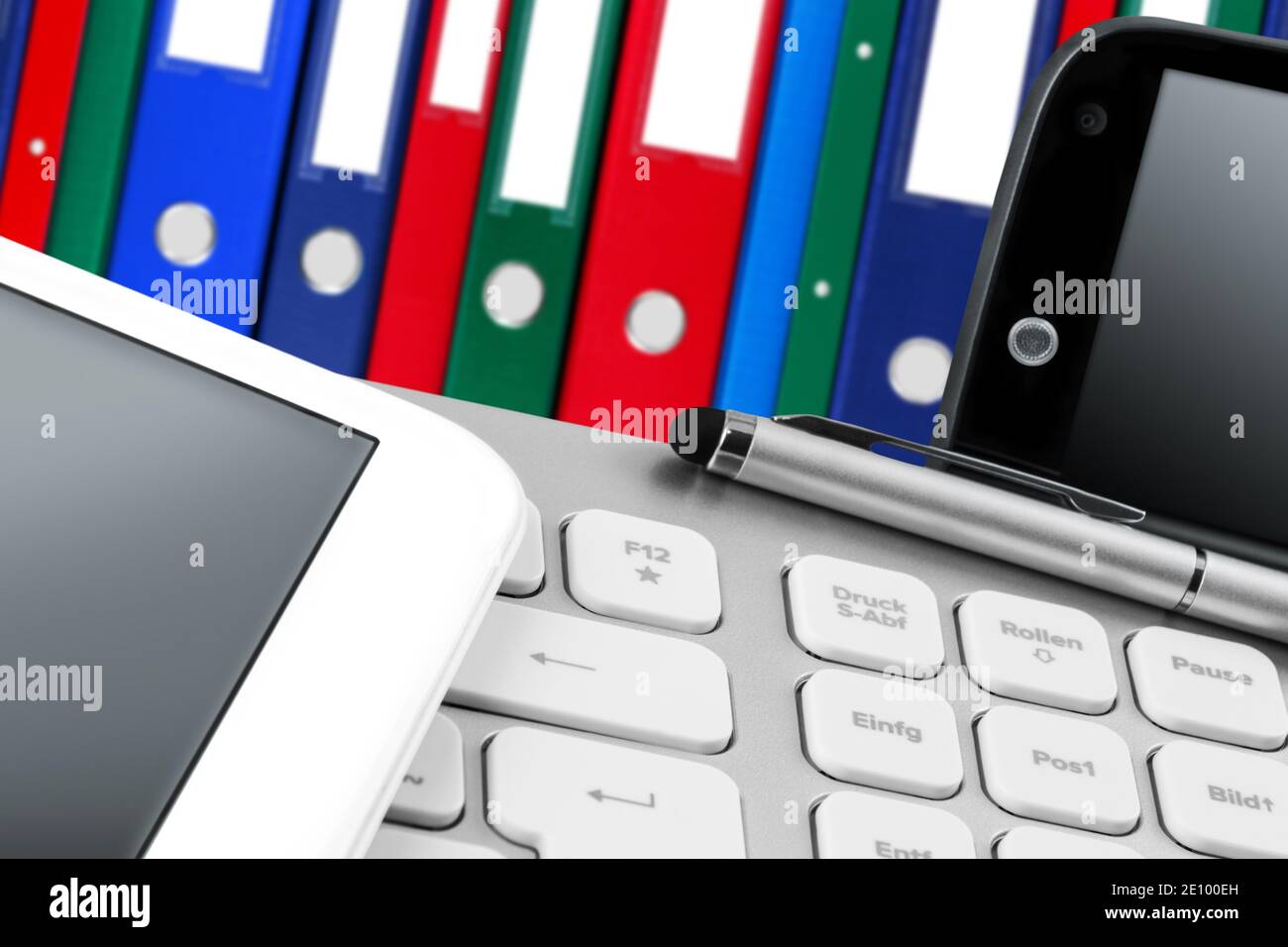 Working station with folders, tablet, mobile and PC Keyboard Stock ...