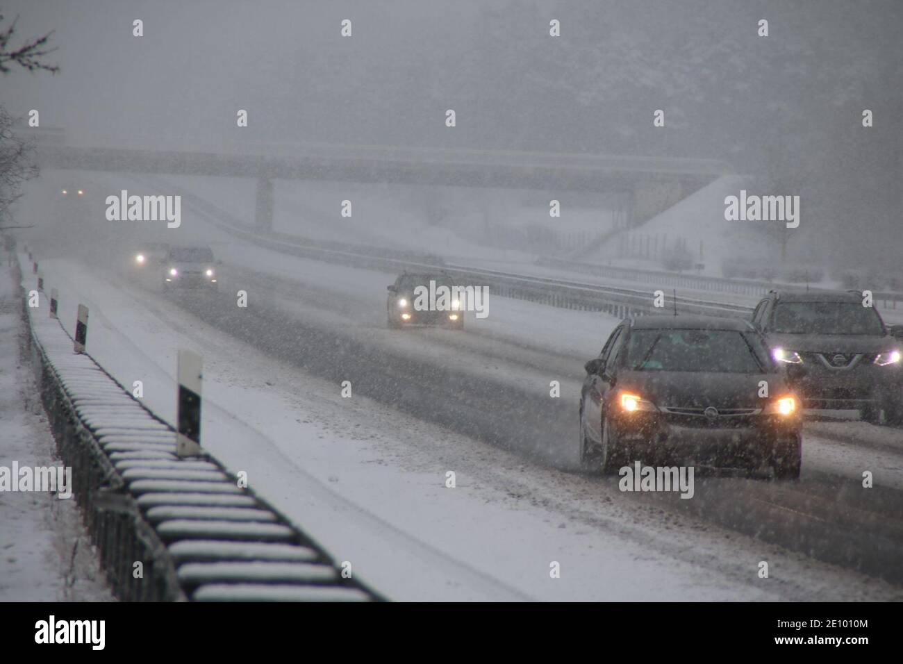 03 January 2021, Brandenburg, Niemegk a9: Snow drifts along the A9 on ...