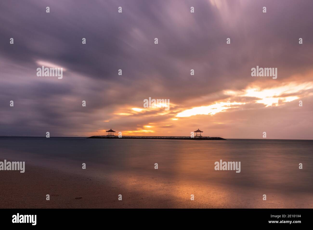 View of the sea and hindu temples, sunrise on the beach, Sanur, Bali ...
