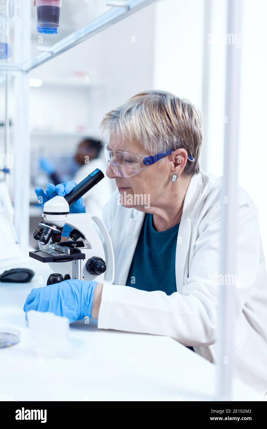 Concentrated senior scientist conducting genetic experiment using ...