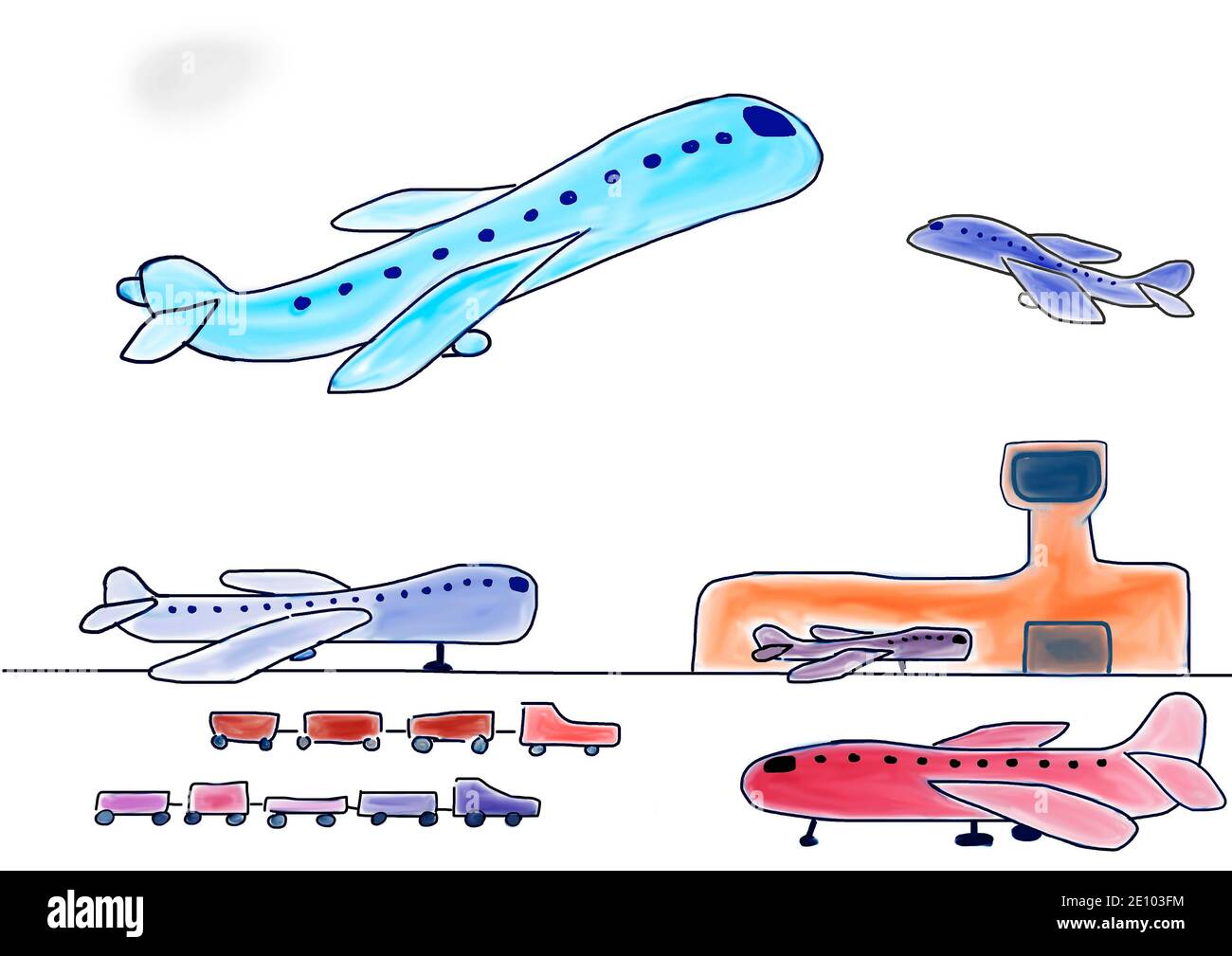 Naive illustration, child drawing, passenger plane taking off and ...
