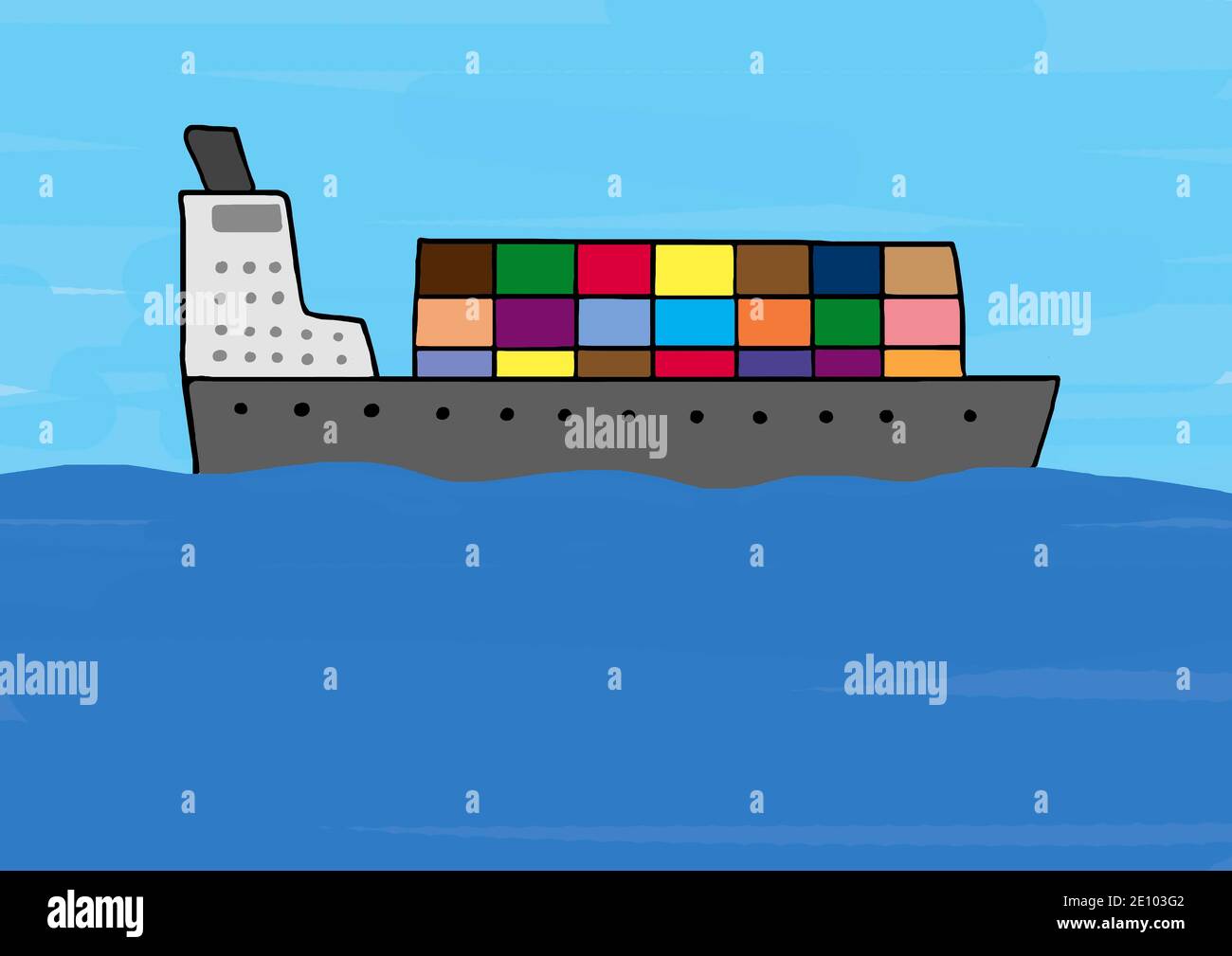 Naive illustration, children drawing, container ship with different ...