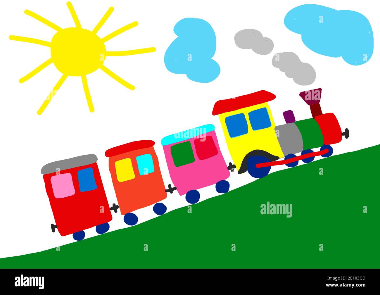 Naive illustration, children drawing, colorful steam locomotive with ...