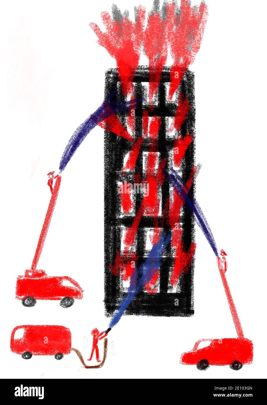Naive illustration, children drawing, fire brigade extinguishes burning ...
