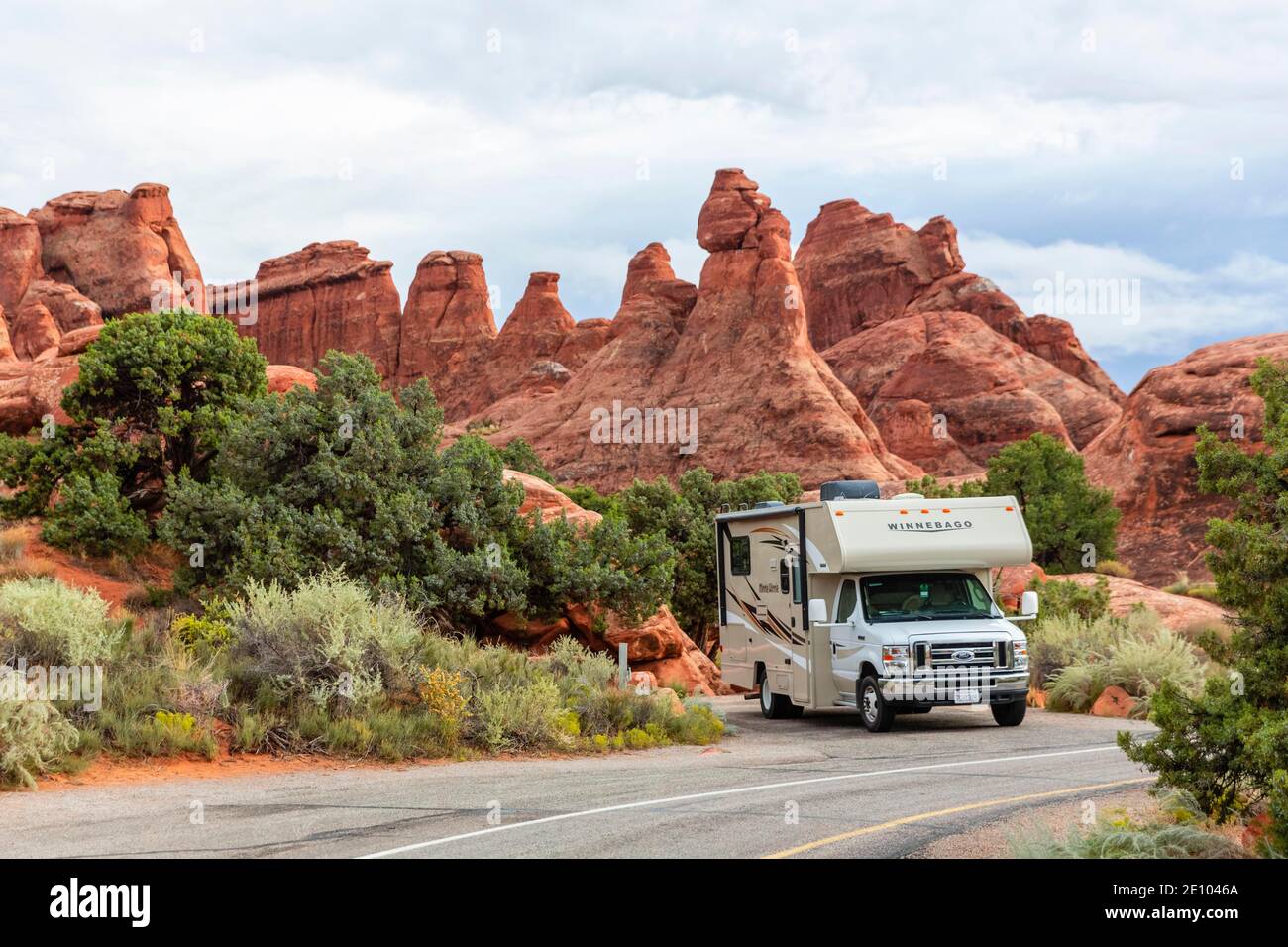 Motorhome in front of rock scenery, Devils Garden Campground, Arches ...