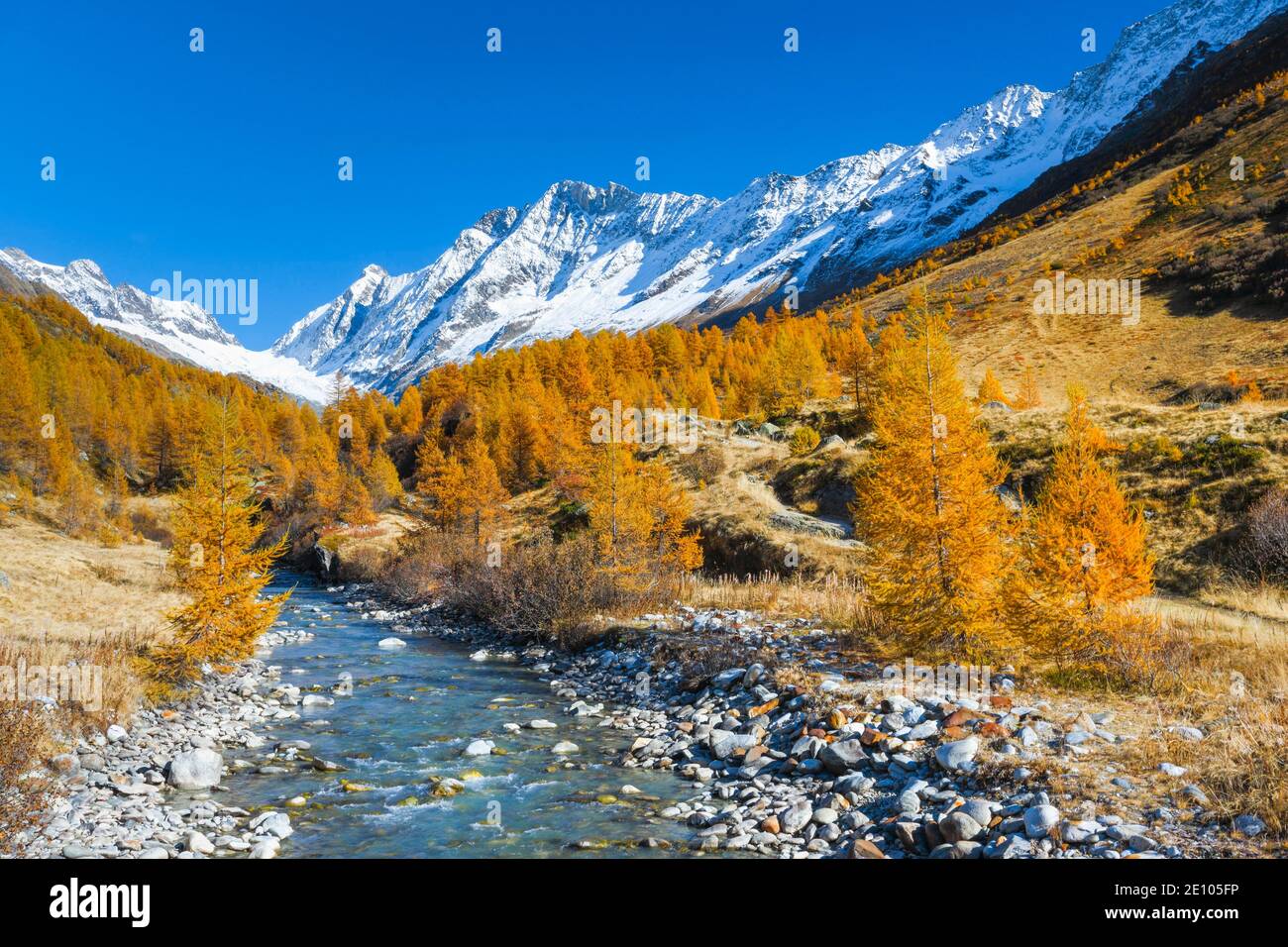 River Lonza with Aletschhorn and Schinhorn, Lötschenlücke, Valais ...