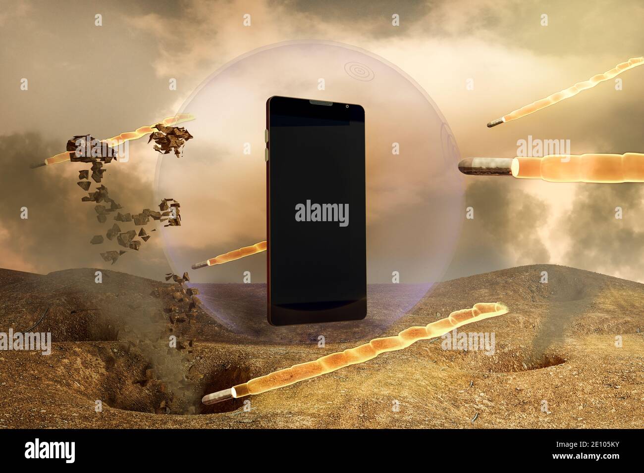 Smartphone or mobile phone in a transparent shield protecting from the ...