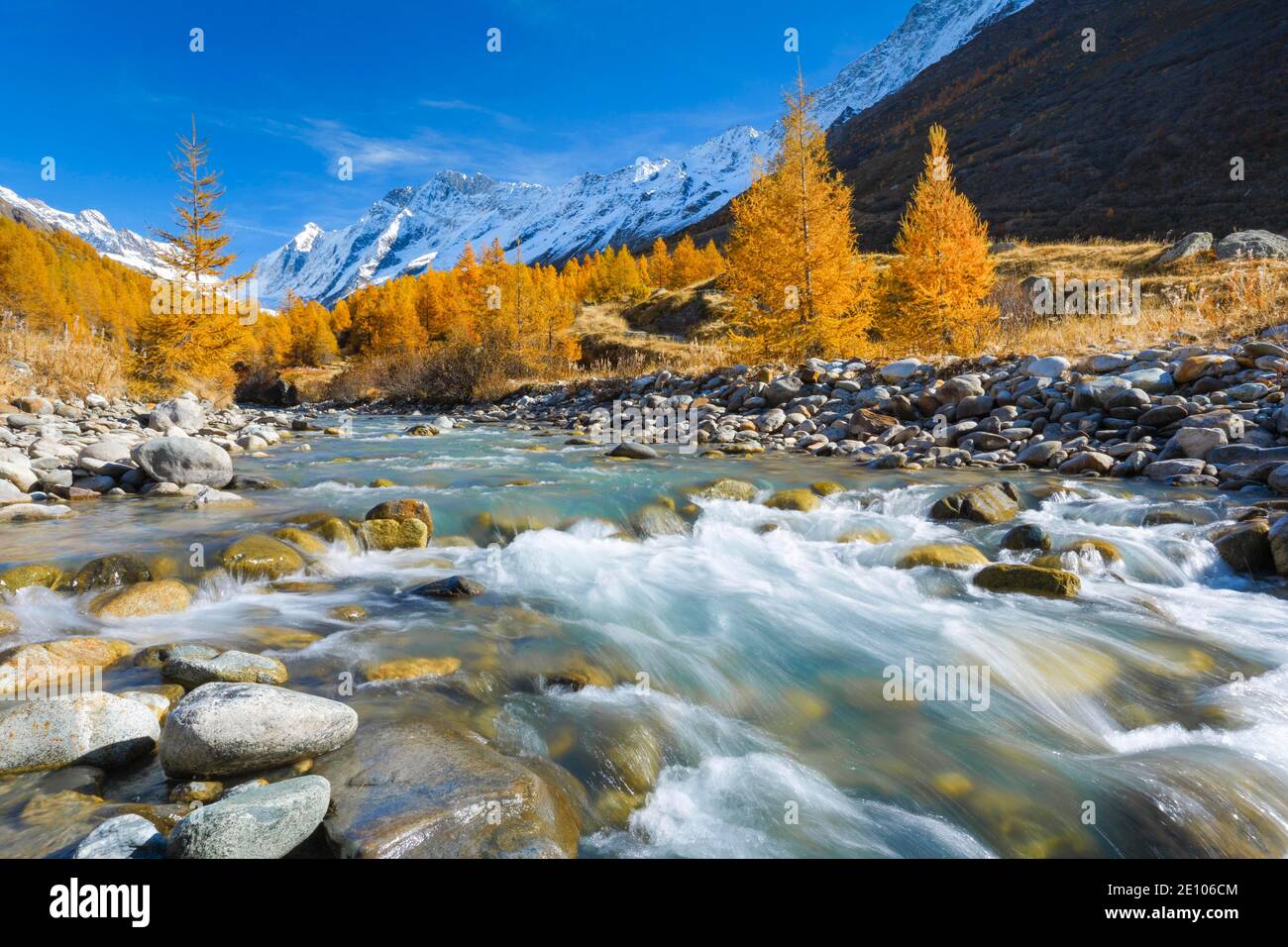 River Lonza with Aletschhorn and Schinhorn, Valais, Switzerland, Europe ...