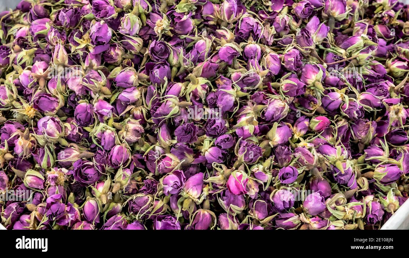 Pile of rose buds sold in a traditional Iranian market, Isfahan Stock ...