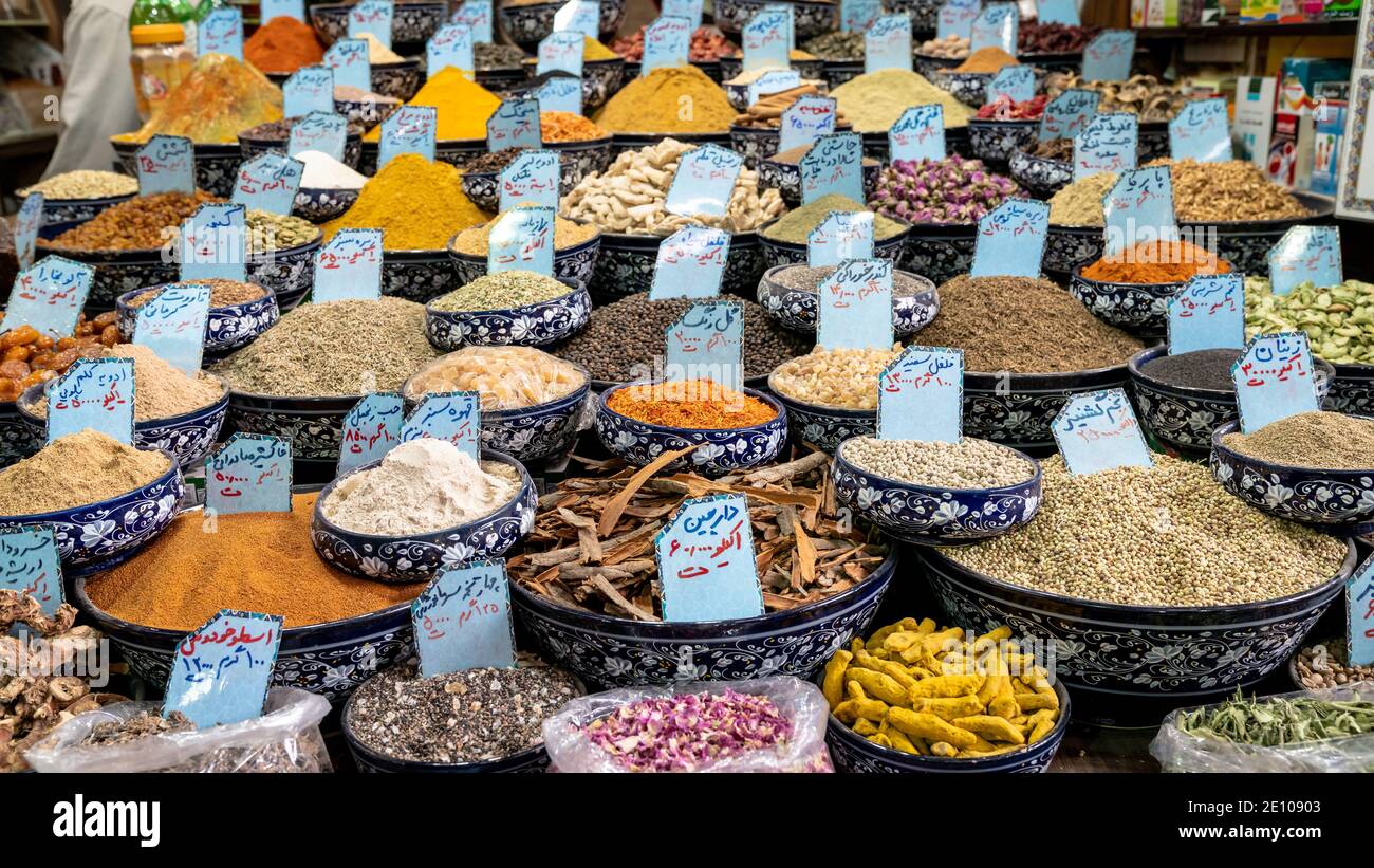 Isfahan, Iran - May 2019: Piles of spices and herbs sold in a ...