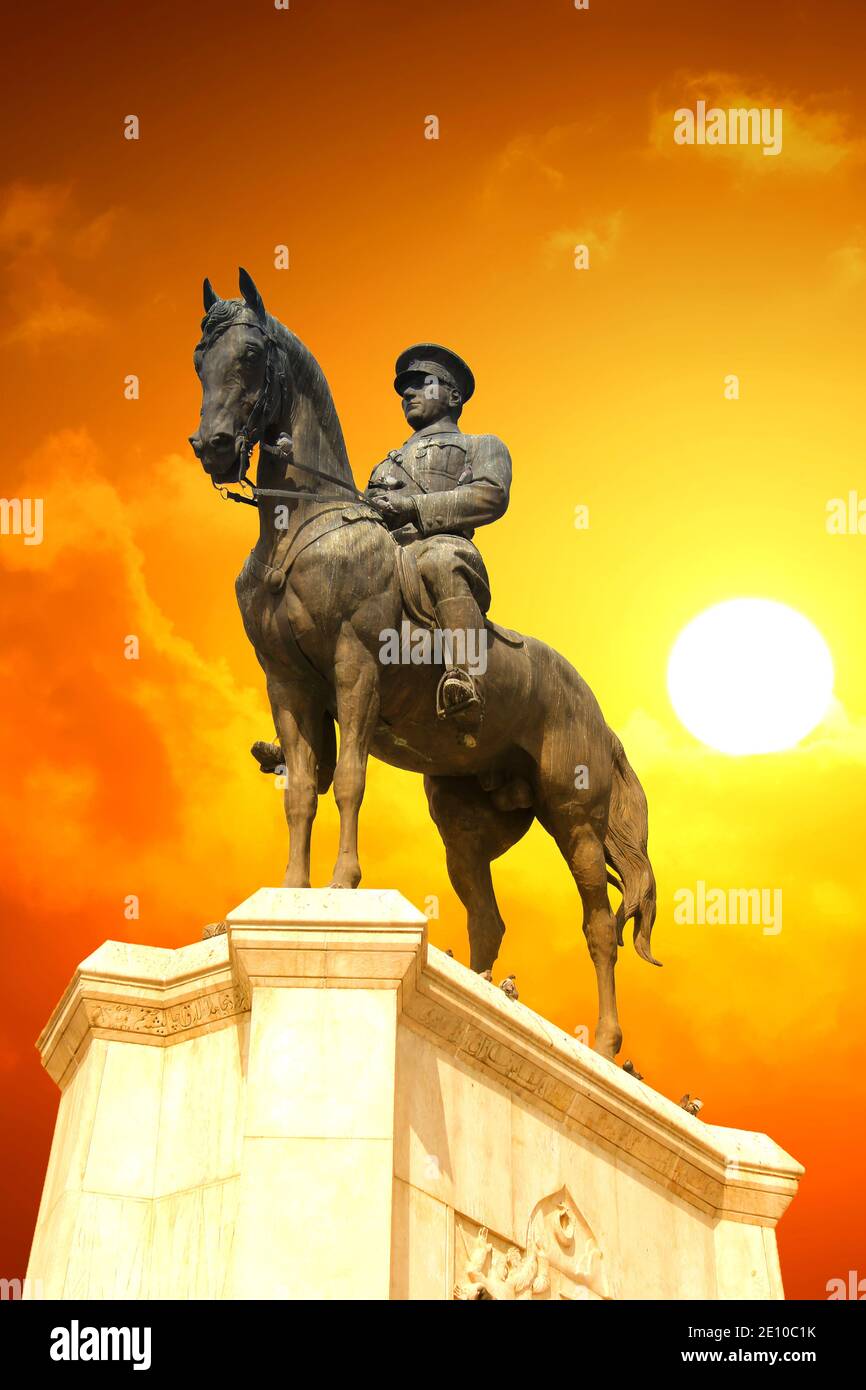 The statue of Ataturk and national flags of modern Turkey in Ulus ...