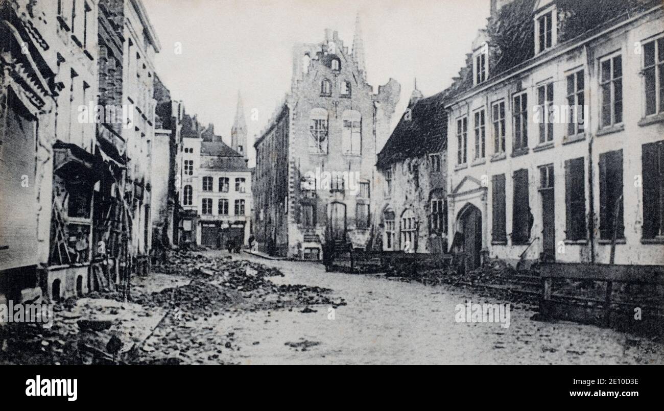 A historical a view of damaged buildings in Ypres , West Flanders ...