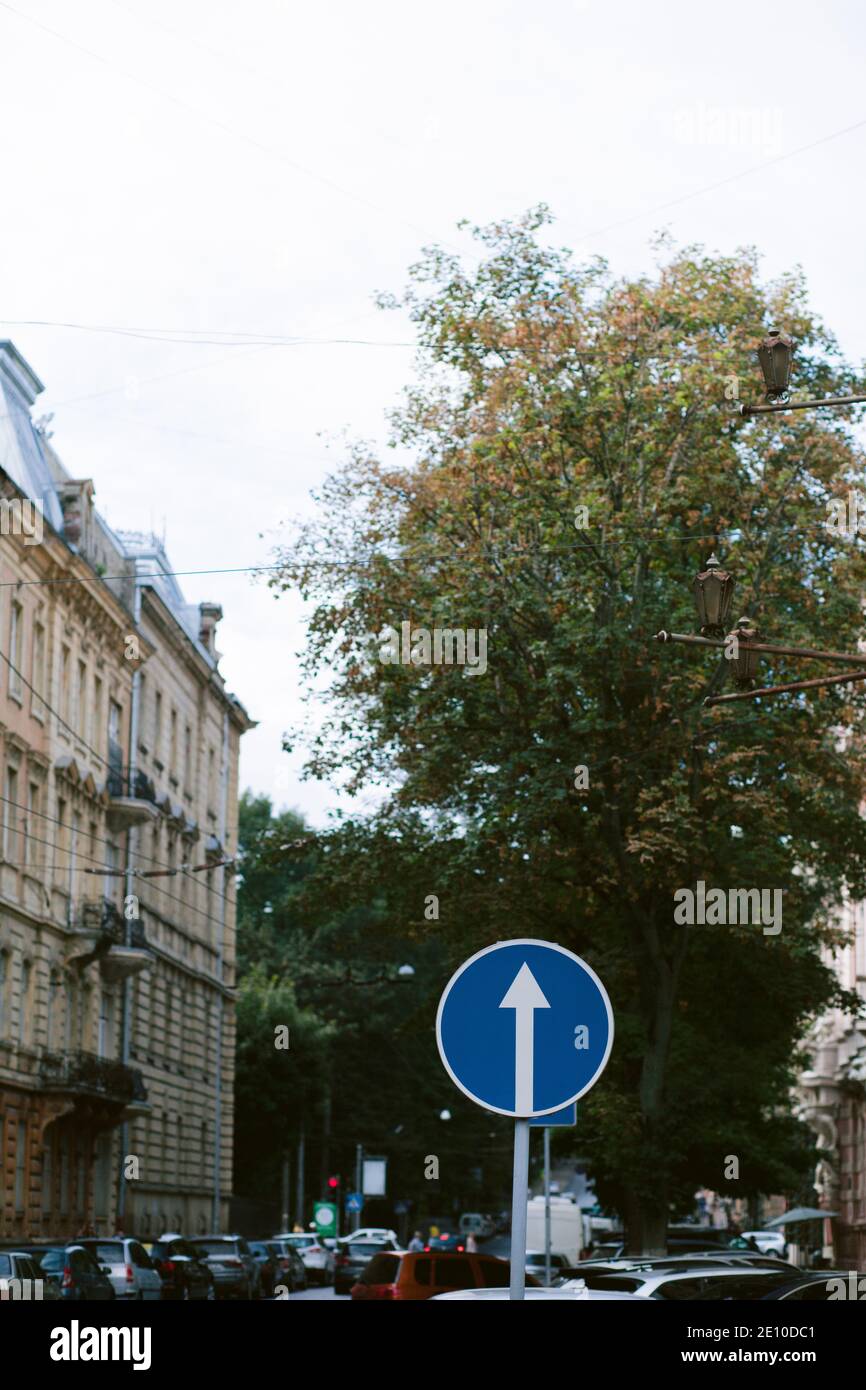 Traffic sign prescribed direction straight ahead. Traffic sign among ...