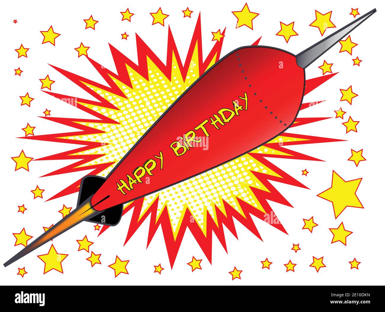 A cartoon style happy birthday explosive motif with stars over a white ...