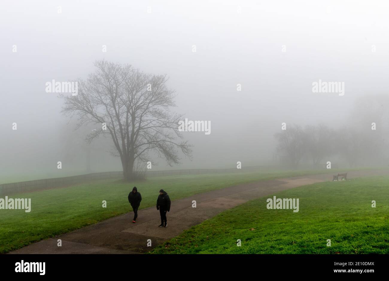 A park covered in heavy fog with people out walking Stock Photo - Alamy