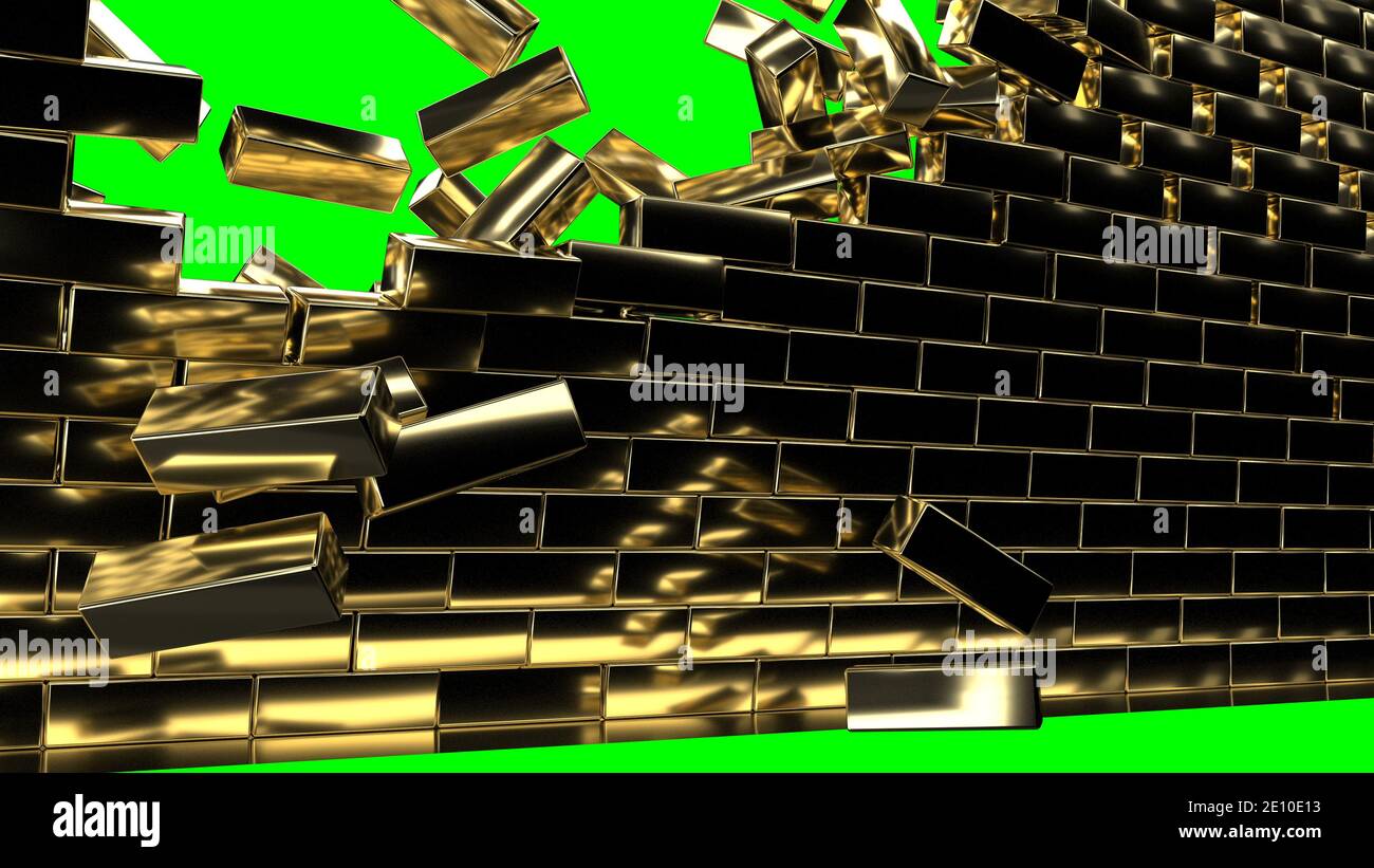 Golden brick wall explosion Chroma key Slow motion Green screen 3d ...