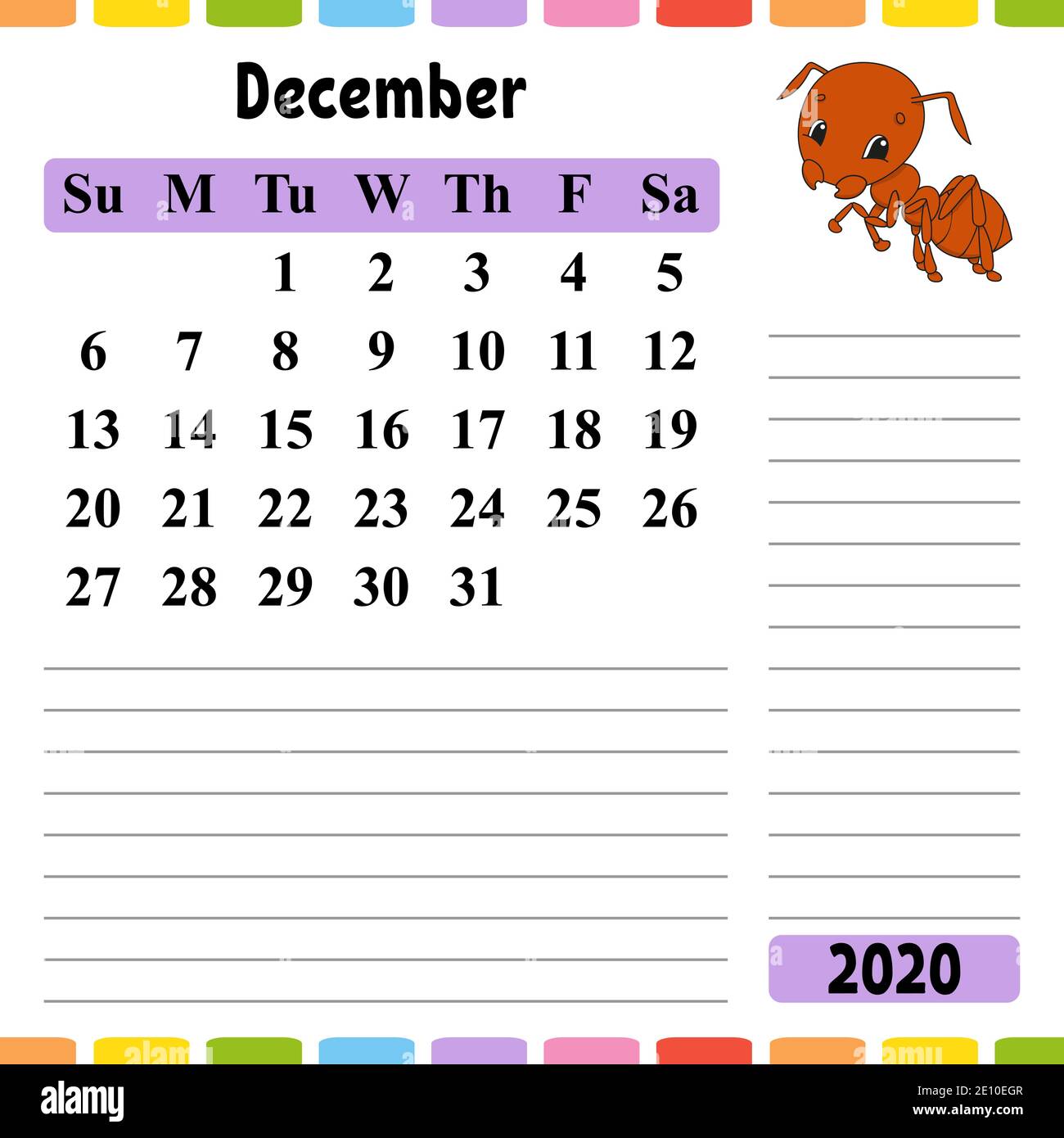 Calendar for 2020 with a cute character. Fun and bright design ...