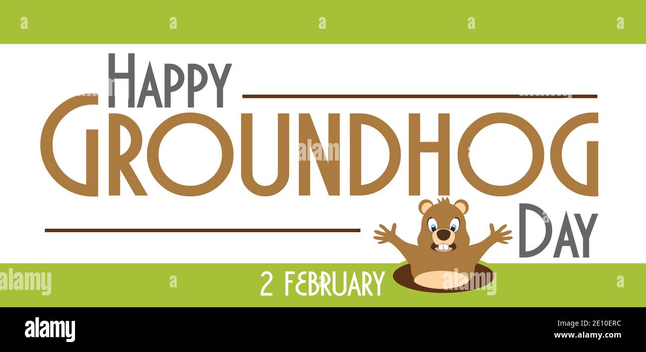 Happy Groundhog Day February 2th. Text and cute funny cartoon marmot ...