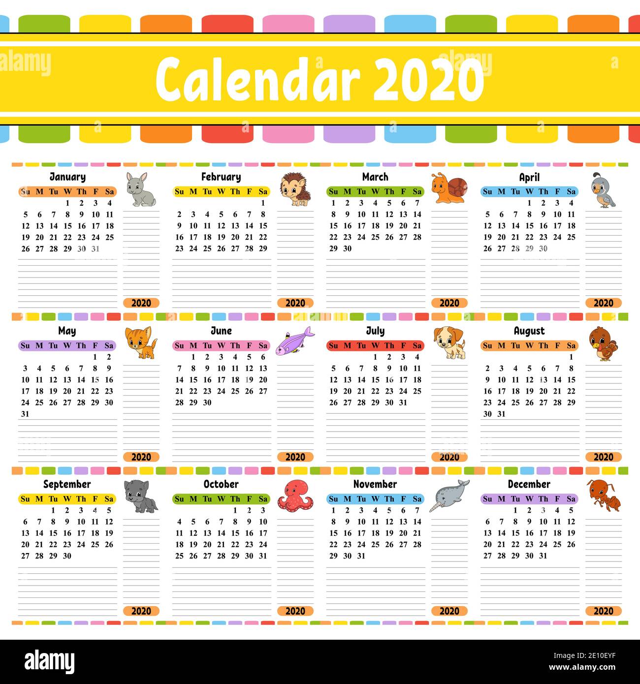 Calendar for 2020 with a cute character. Fun and bright design ...