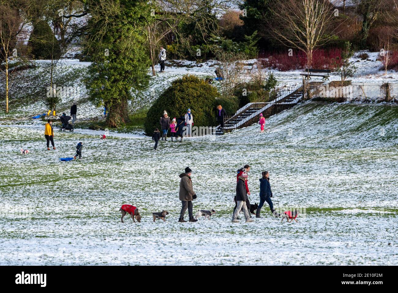 Clitheroe, Lancashire, UK. 3rd Jan, 2021. Visitors enjoying the snowy ...