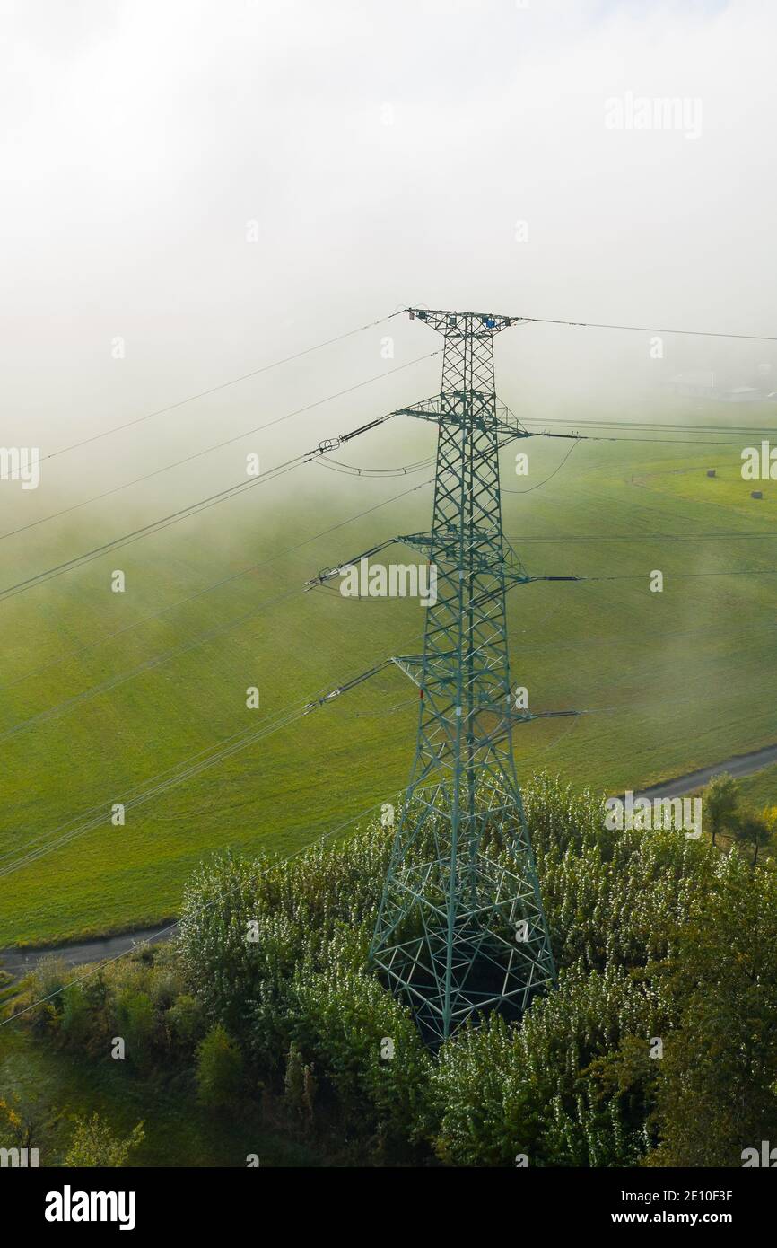 Aerial view of the high voltage power lines and high voltage electric ...
