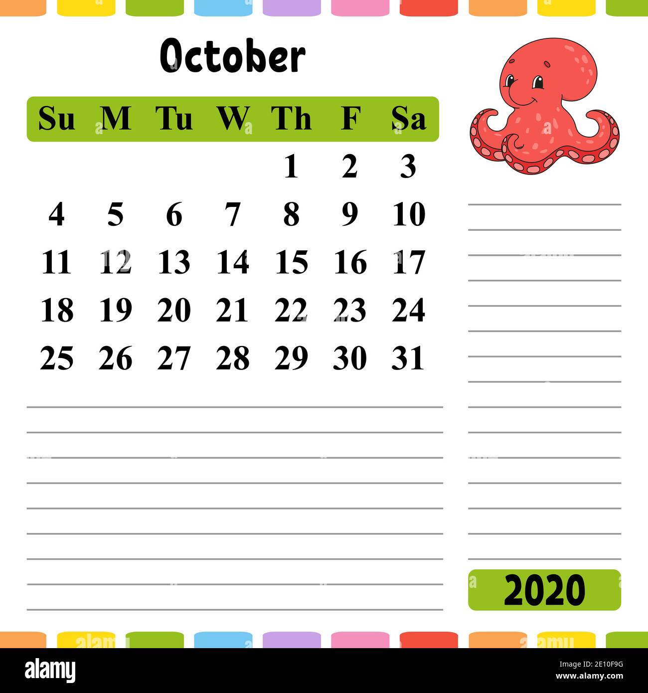 Calendar for 2020 with a cute character. Fun and bright design ...