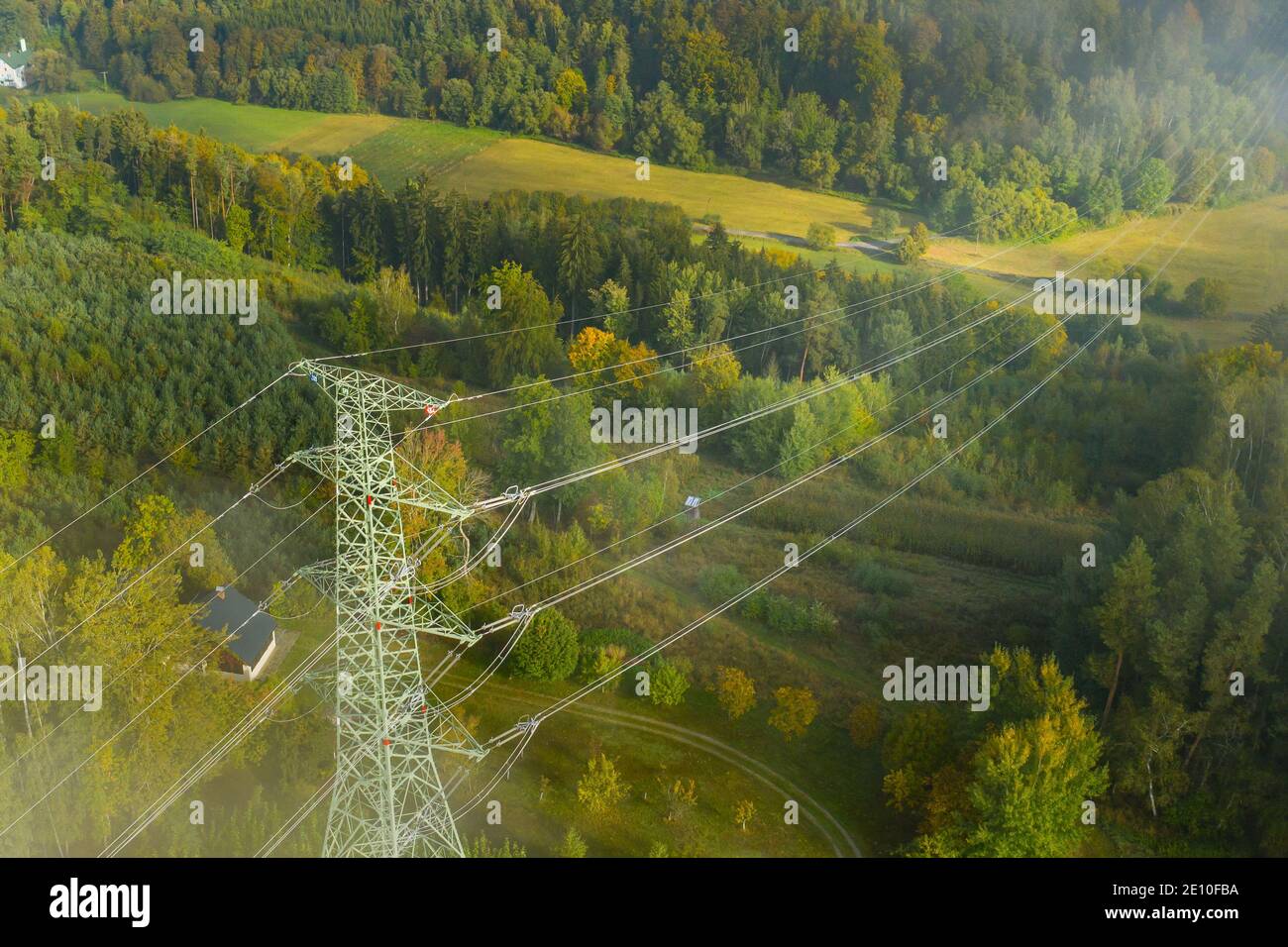 Aerial view of the high voltage power lines and high voltage electric ...