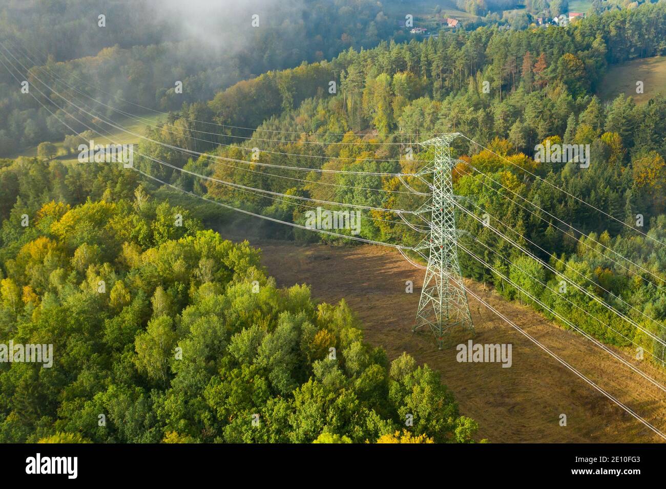 Aerial view of the high voltage power lines and high voltage electric ...