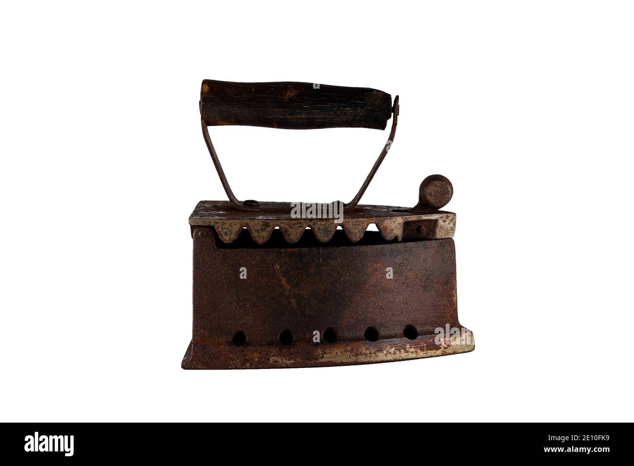 old vintage antique iron with wooden handle isolated on white ...