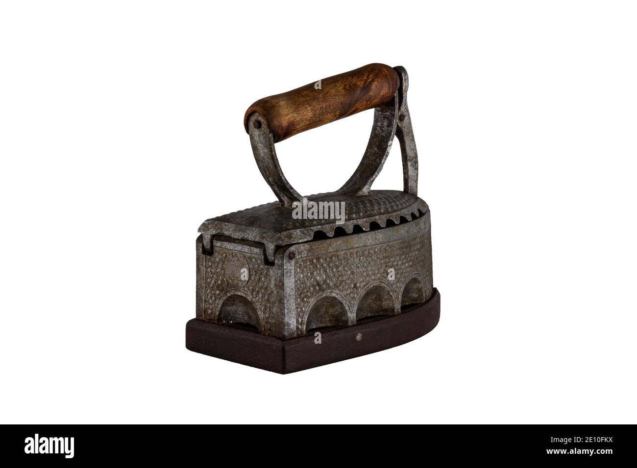 old vintage antique iron with wooden handle isolated on white ...