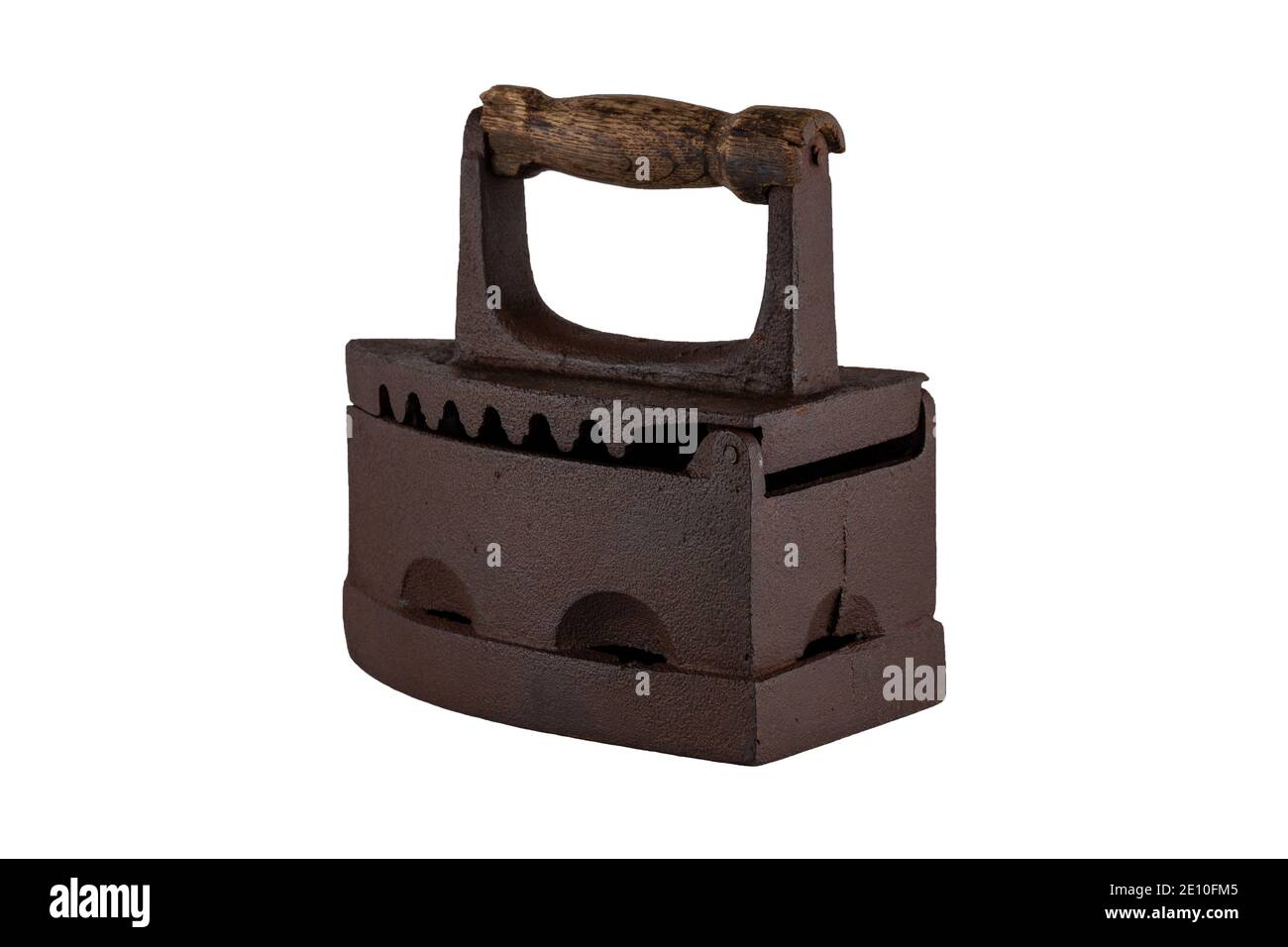 old vintage antique iron with wooden handle isolated on white ...