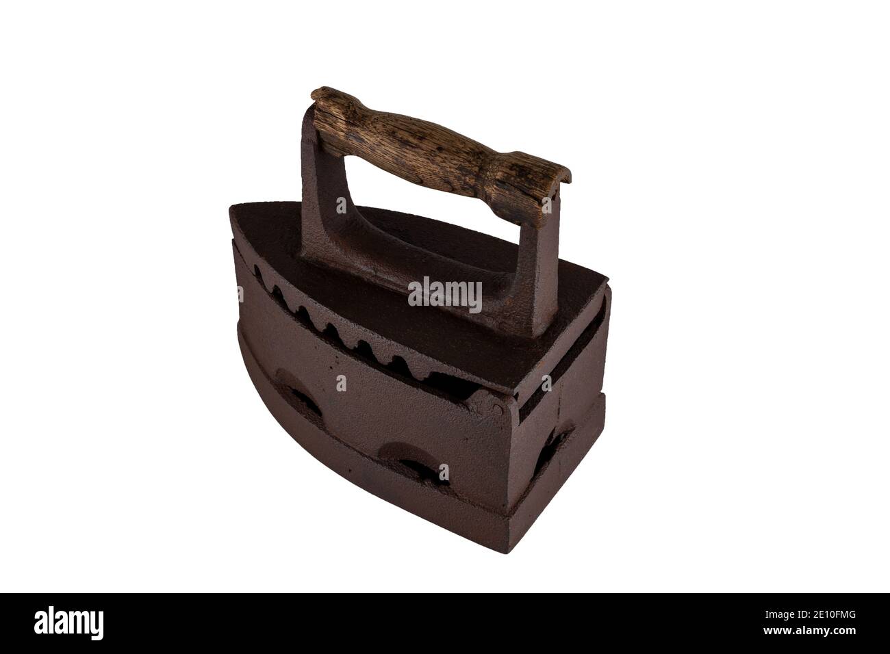 old vintage antique iron with wooden handle isolated on white ...