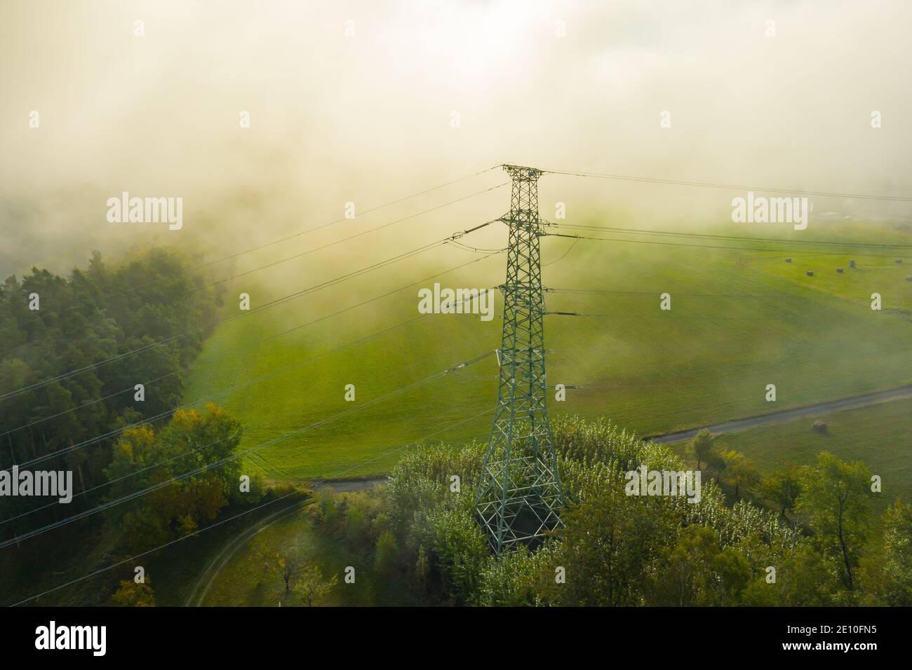 Aerial view of the high voltage power lines and high voltage electric ...