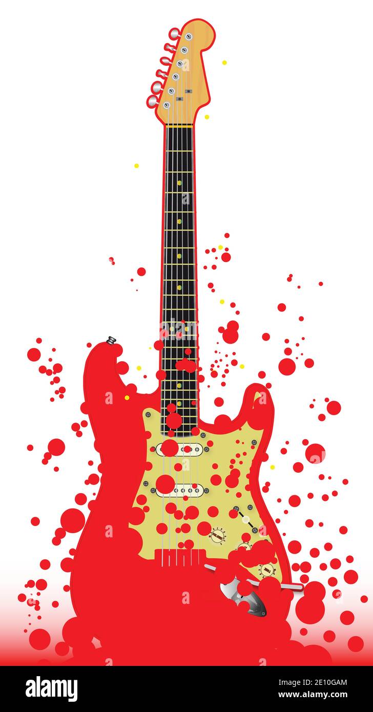 A typical red rock and roll guitar with a splatter background Stock ...