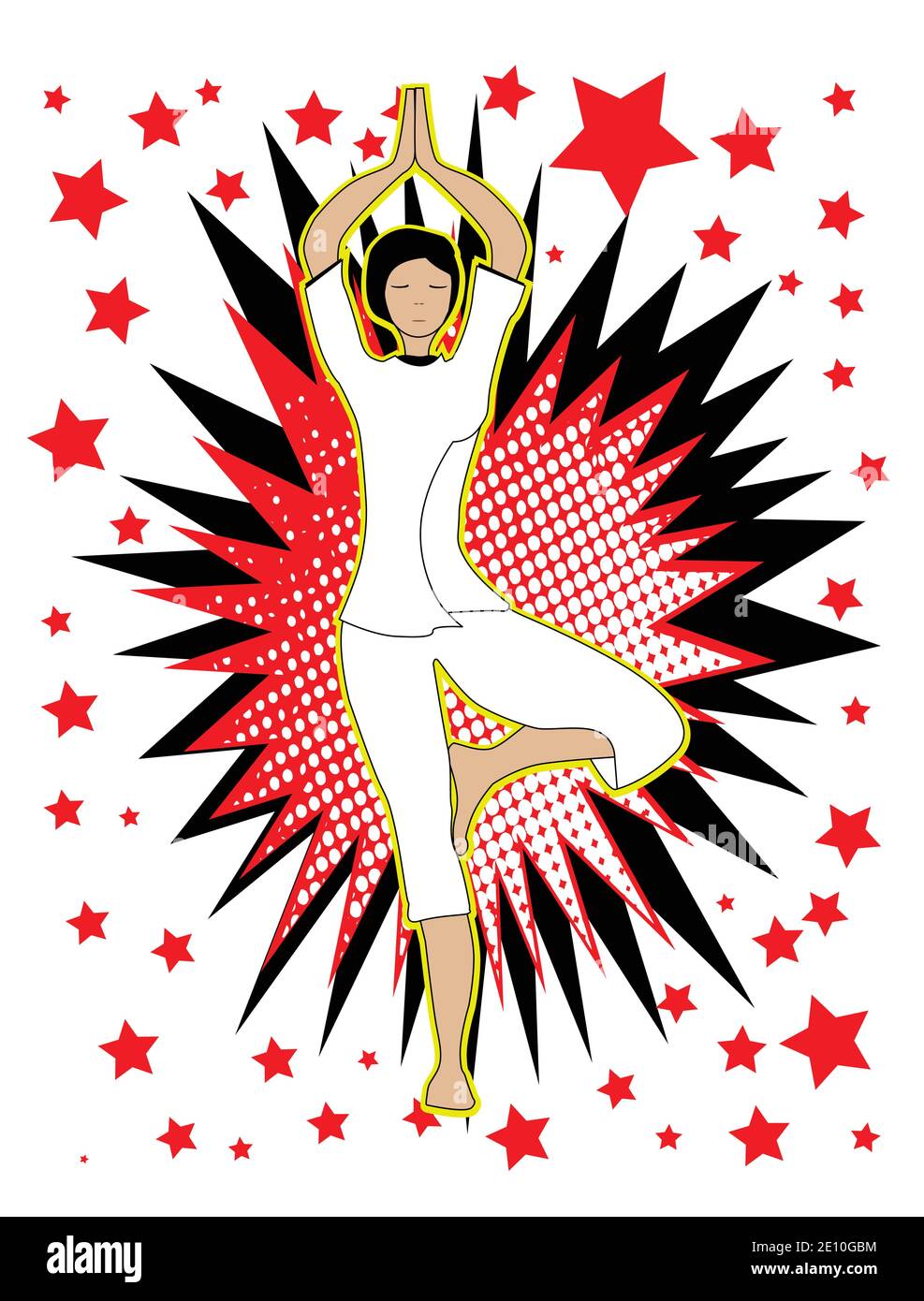 A yoga pse poster with halftone red splash with stars on a white ...