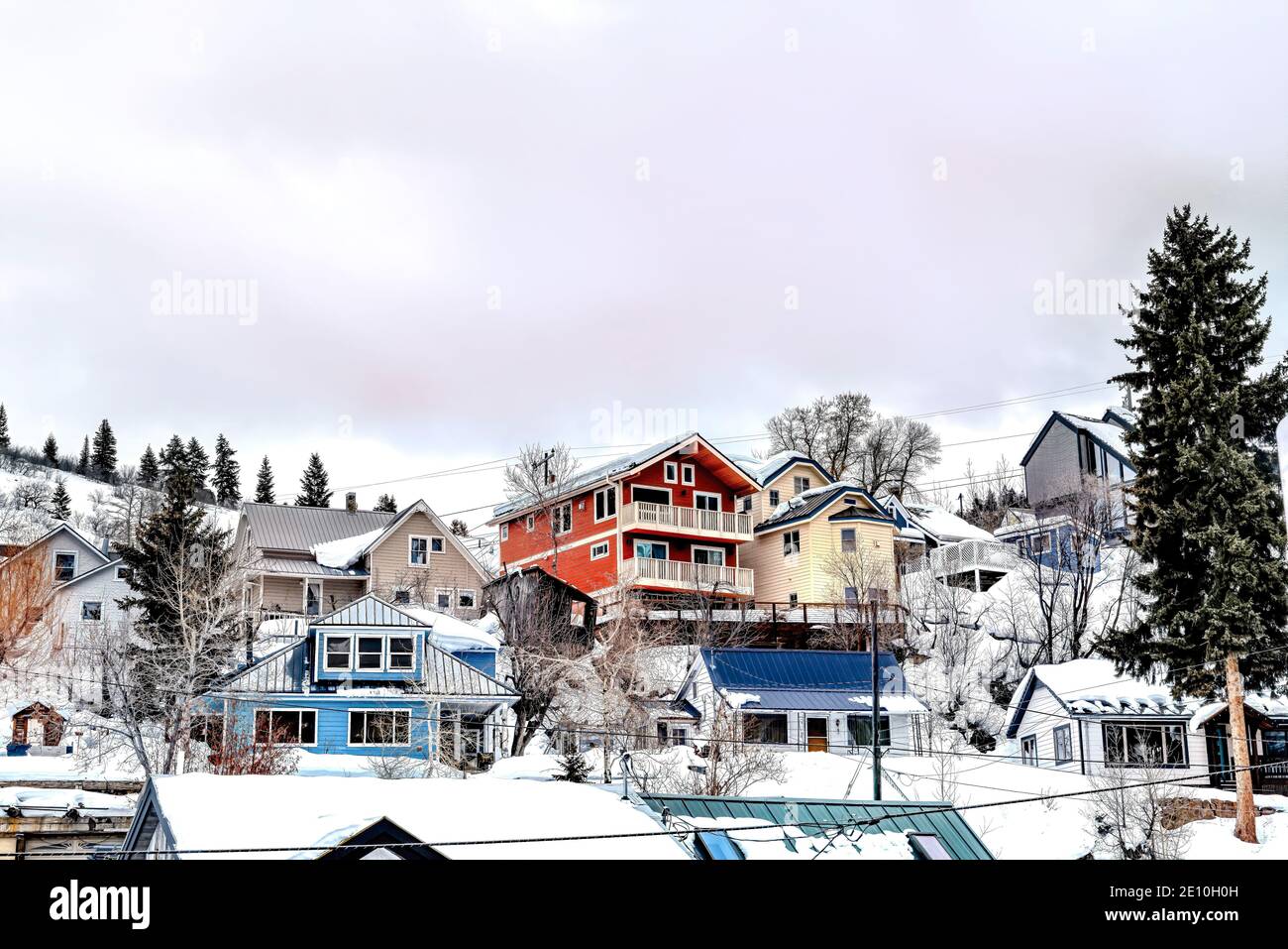 Winter scenery of houses on a residential community in the snowy ...