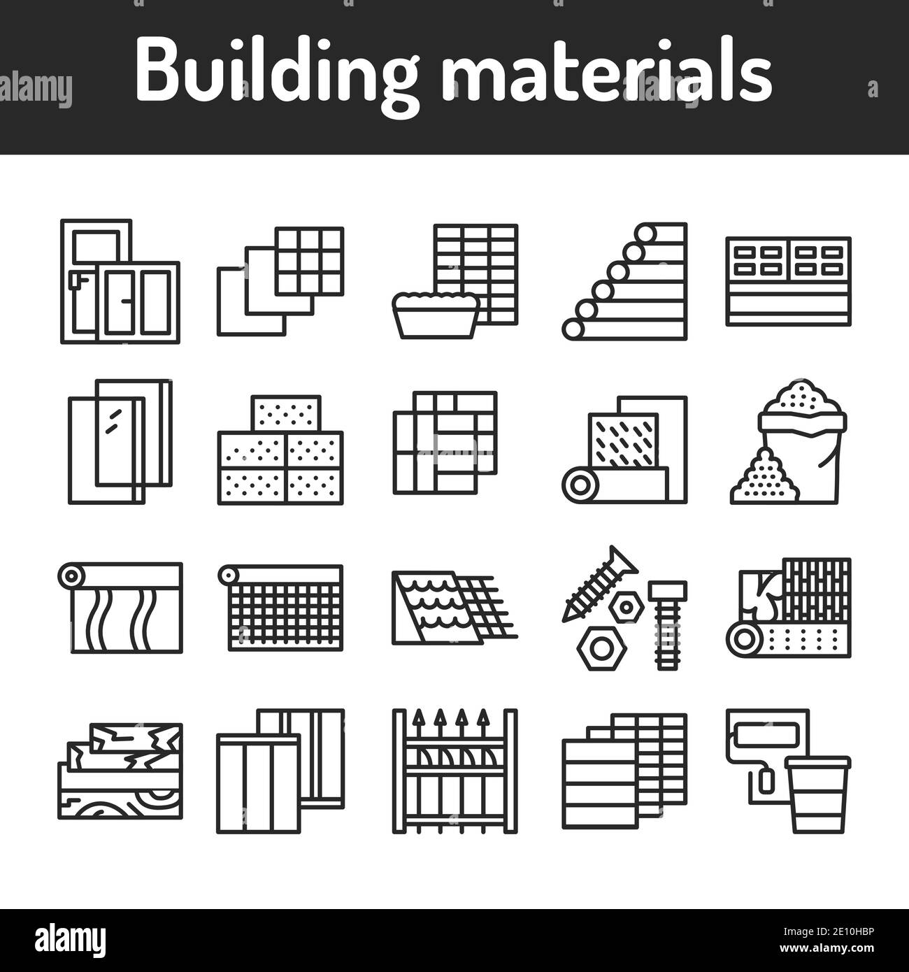 Construction materials black line icons set. Pictograms for web page ...