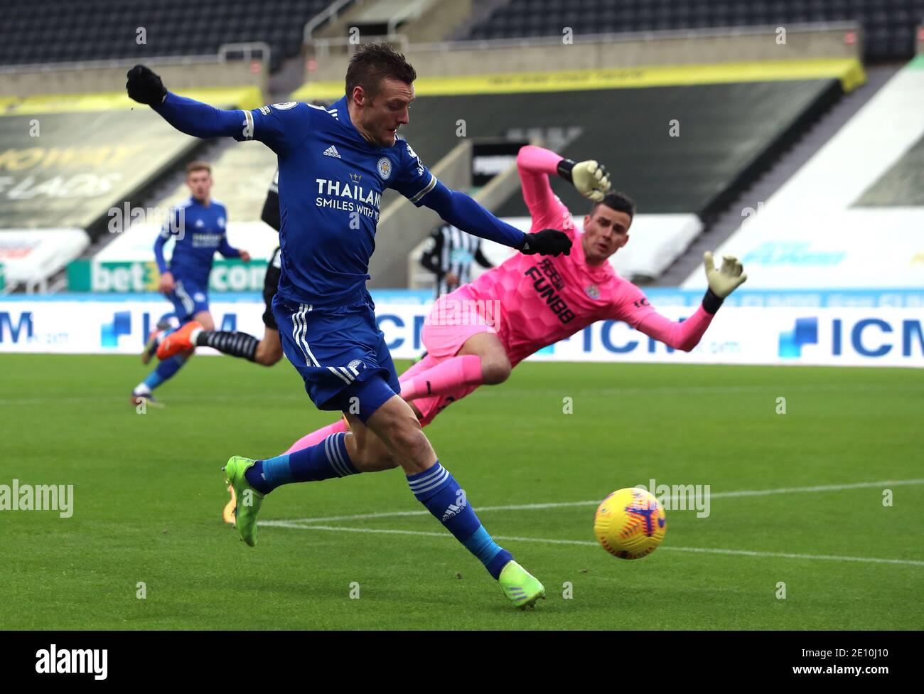 Leicester City's Jamie Vardy scores his side's first goal, which is ...