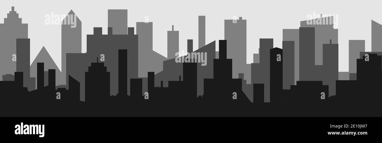 Silhouette of the cartoon city on shadow backgound. Urban vector symbol ...
