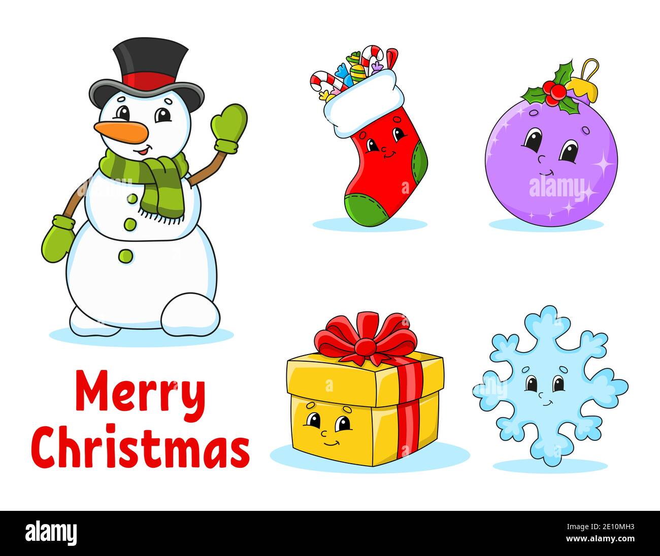 Set of christmas cute cartoon characters. Snowman, sock, bauble, gift ...